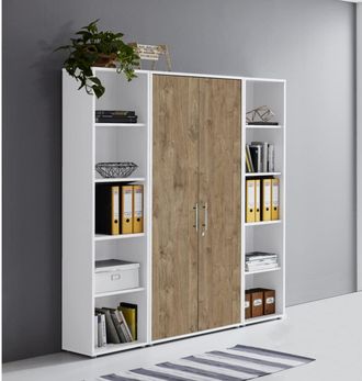 BMG M&ouml;bel Schrankwand Office Edition abschliessbarer Aktenschrank B&uuml;roschrank B&uuml;rom&ouml;bel Regal in Wei&szlig;/Gold Harbor Oak (Set 3)