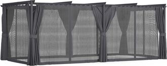 IDMarket Pergola &eacute;dition int&eacute;grale moustiquaire toit r&eacute;tractable 3x6 M et 6 rideaux gris