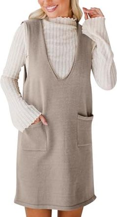 Generic Robe chandail courte en tricot sans manches avec poches et col en V pour femme, robe d&eacute;t&eacute; boh&egrave;me, robe ample pour les vacances, les essentiels de vaca