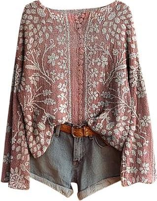 Generic Pulls, Gilets Et Sweats Femme Vintage Imprim&eacute; Floral Boh&egrave;me Pull Over Tricot&eacute; Chic Col Rond Manche Longue Sweater Tops &Agrave; Motif Hauts Grande Taille Pas