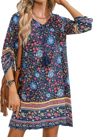 Beyove Tunika Kleid Damen Bohemian Strandkleid Tunikakleider Vintage Strandtunika 3/4-Arm Kleid Blumenmuster Sommerkleider Navy blau M