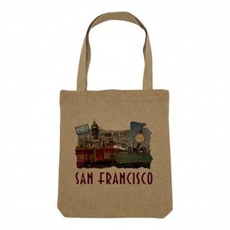 Fabulous Sac Shopping Tote Bag Aspect Lin - San Francisco Vintage Voyage Etats-Unis Carte Postale - Sac de Courses Toile Epaisse 360g Beige Naturel Cabas Port&eacute;
