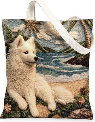 Generic Sac fourre-tout fantaisie en toile motif chien samoy&egrave;de pour faire du shopping 33 x 38,1 cm, sac &agrave; bandouli&egrave;re r&eacute;utilisable pour femme, peinture danim