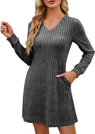 Generic Robe Courte Femme A-Line, Robe Pull Femme Col V avec Poches Manches Longues Tendance Confortable Casual Party Chic Et Elegant Classique Bureau Cocktai