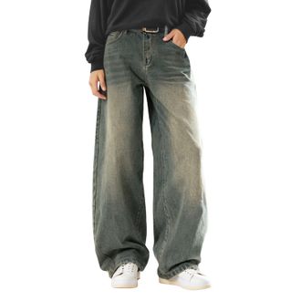 Generic Jeans Damen High Waist Straight Leg Weites Bein Jeans mit Knopfleiste Denim Y2k Stretch Mode Bequeme Jeanshosen mit Taschen Baggy Jeanshosen Oversized