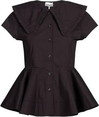 Ganni Chemise col volant&eacute; &agrave; manches courtes en coton m&eacute;lang&eacute;