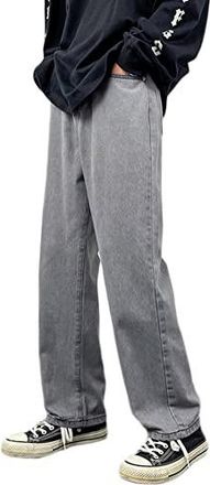 ORANDESIGNE Jeans Hip Hop Homme Jean Coupe Droite Vintage Denim Pantalons Baggy Lâche Fit Jambe Droite Pantalon Court Rétro Streetwear B Gris S