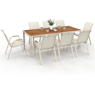IDMarket Salon de jardin NOUMEA table 190 cm plateau verre tremp&eacute; effet bois et 8 chaises empilables beige et bois