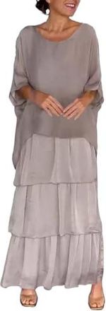 Generic Robe Ample de Style Artistique pour Femme, Manches 3/4, Coupe trapèze, col Rond, Robe Longue à Manches Chauve-Souris