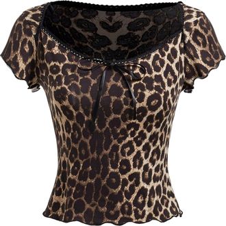 SOLY HUX Damen T-Shirt Sommer Kurzarmshirt mit Leopardmuster Y2K Oberteil Leoprint Casualshirt Sommershirt mit U Ausschnitt Leo L