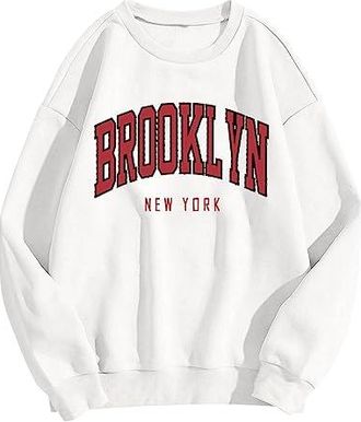 Generic Brooklyn Joli sweat-shirt à col rond pour femme - Col rond - Manches longues - Coupe ample - Lettre unie - Confortable - Anime Y2K Country Workou Coll
