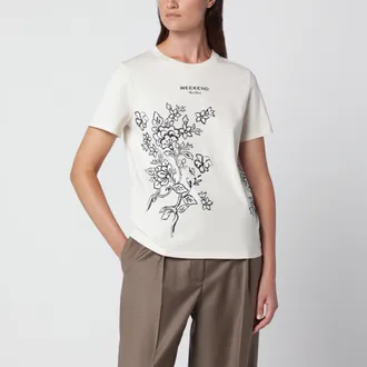 Max Mara Cremefarbenes T-Shirt aus Baumwolle mit Logoprint
