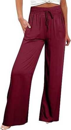 Generic Pantalon Palazzo &agrave; jambe large pour femme - Taille haute - Cordon de serrage - Taille &eacute;lastique - Avec poches - Coupe ample d&eacute;contract&eacute;e - Pour l&eacute;t&eacute;, 
