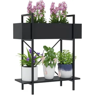 OUTSUNNY 2-Etagen Pflanzenst&auml;nder, Blumenst&auml;nder f&uuml;r Innen Au&szlig;en, Pflanzenregal aus Metall, mehrst&ouml;ckig Blumenregal, 70 cm hoch Blumentreppe f&uuml;r