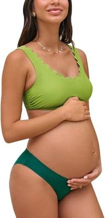 Cupshe Maillot de bain de maternité - Col en U - Bord ondulé - Taille basse - Maillot de bain une pièce - Maillot de bain de maternité, Couleur : vert poire.