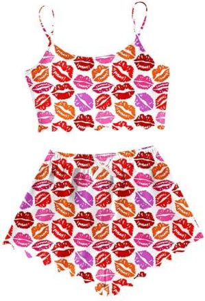 Generic Ensemble pyjama sans manches et short imprim&eacute; coeur pour femme 2026 (3), Rouge, XXL