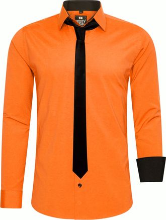 Rusty Neal Herren-Hemd Premium Slim Fit Langarm Stretch Kontrast Hemd mit Krawatte Business-Hemden Outfit Freizeithemd Set 44_99, Gr&ouml;&szlig;e:M, Farbe:Orange