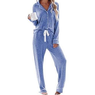 Generic Ensemble de pyjama 2 pi&egrave;ces &agrave; manches longues boutonn&eacute;es pour femme, col crant&eacute;, v&ecirc;tements de nuit, v&ecirc;tements de nuit doux, bleu ciel, 3XL