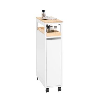 SoBuy Chariot de Rangement étroit Cuisine 20 cm avec roulettes, Plateau Bois Amovible, tiroir Double et Freins - Meuble Organisateur pour Salle de Bain, Bur