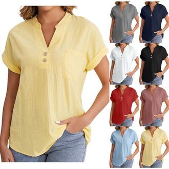 Generic Chemisier &agrave; manches courtes pour femme en coton et lin - Couleur pure - Chemise enroulable &agrave; manches courtes confortable et respirante - Haut en mouss