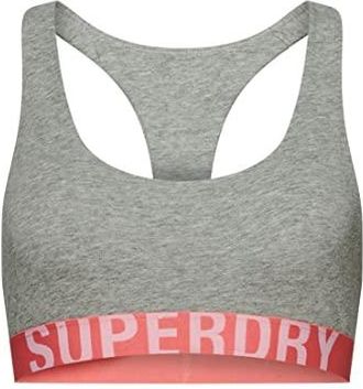 Superdry Large Logo Crop Bralette Bustier, Gris/Corail Fluo, S Femme