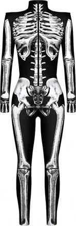 Ocean Plus Damen Halloween Skelett Digitaldruck Overall Schmal Geschnittene Lang&auml;rmlige Einteilige Strumpfhose Jumpsuit (XL, Silberskelett)