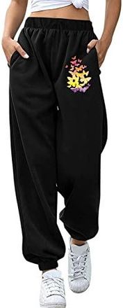 Generic Pantalon de travail d&eacute;contract&eacute; pour femme - Taille moyenne - Noir - Imprim&eacute; mouches &agrave; piles, jaune, XXL