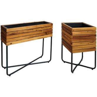 Hhg 2er-Set Pflanzkasten HHG 586, Blumenkasten, rechteckig quadratisch Outdoor Stahl Akazie Holz MVG-zertifiziert, braun