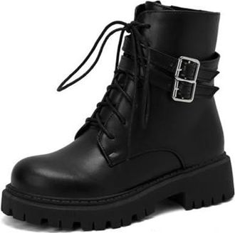 Generic Bottes de combat dhiver &agrave; lacets pour femme avec sangles &agrave; boucle et bout rond - Chaussures &agrave; talons &eacute;pais avec fermeture &eacute;clair, Noir, 40.5 EU