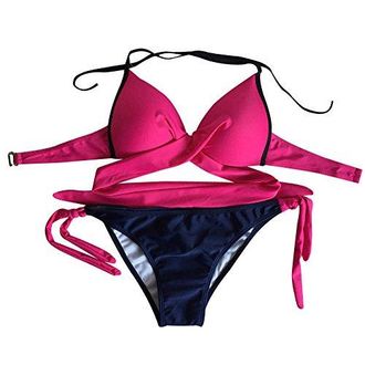 Generic Maillot de bain pour femme avec col en V push-up taille haute 2 pi&egrave;ces, rose vif, M