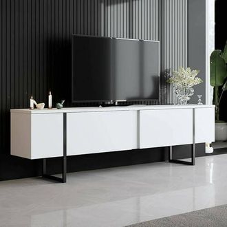 Dmora Meuble TV Centaurus, Buffet de Salon, Armoire Basse pour TV, Base Murale de Rangement, 180x30h50 cm, Blanc et Noir