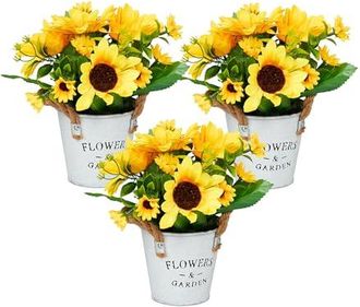 Relaxdays künstliche Sonnenblumen im Topf, 3er Set Kunstblumen wie echt, Kunstpflanzen, unechte Dekopflanzen, gelb/weiß