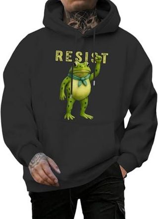 Generic Sweat &agrave; capuche surdimensionn&eacute; pour homme - Imprim&eacute; grenouille r&eacute;sistant | Sweat-shirt d&eacute;contract&eacute; tendance avec poche, usage quotidien, Noir, 3XL