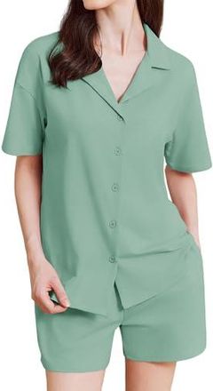 Ekouaer Pyjama Femme Coton Vêtements de Nuit Été Court Ensemble de Pyjama Boutons, Vert M