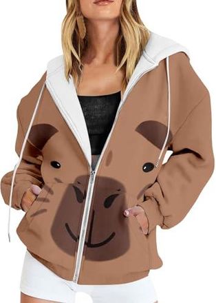 Generic Vestes &agrave; capuche &agrave; fermeture &eacute;clair pour femmes, coupe ample, d&eacute;contract&eacute;e, avec imprim&eacute; graphique, veste polaire avec poches avant pour sports de ple