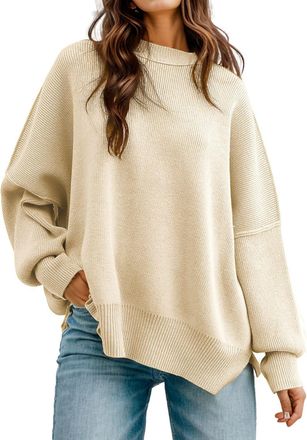 OLIPHEE Einfarbig Strickpullover Damen mit Geschlitztem Saum Rundhals Pullover Damen Herbst Winter Elegant Sweater Damen Strick Beige S