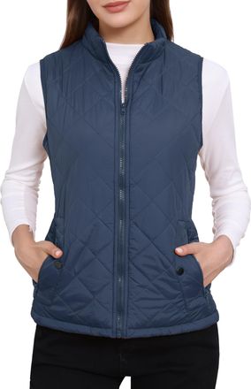 Allegra K Damen Slim Fit Stehkragen Leichte Weste Saint Rei&szlig;verschluss Steppweste Dunkelblau M