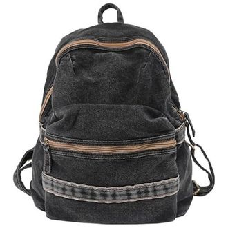 Generic Sac &agrave; dos d&eacute;cole en denim de grande capacit&eacute; avec fermeture &eacute;clair r&eacute;tro d&eacute;contract&eacute; pour le travail et les voyages, Noir