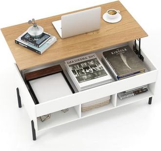 Giantex Table Basse Plateau Relevable, Table de Salon avec 3 Compartiments & Rangement Cach&eacute; & Pieds en M&eacute;tal, Transformable Moderne pour Bureau,Chambre, 100x
