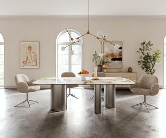 DELIFE Esstisch Edge Boot 240x120 cm Keramik Minas Melange Wei&szlig;-Beige Troa Edelstahl geb&uuml;rstet, Esstische