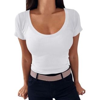 Generic T-Shirt Femme C&ocirc;tel&eacute; Ajust&eacute; en Coton &Eacute;lastique Col Rond Manches Courtes Haut Basique Confortable et Doux pour &Eacute;t&eacute; Quotidien Bureau Look Casual