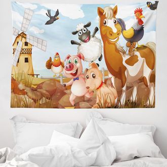 Abakuhaus Kinder Wandteppich, Tiere in der Bauernhof-Grafik, aus Weiches Mikrofaser Stoff Für das Wohn und Schlafzimmer, 150 x 110 cm, Hellblau und Braun