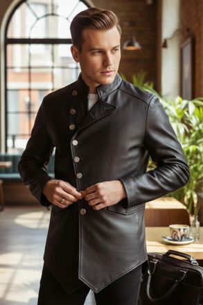 Infinity Leather Herren Schwarze Leder-Mandarin-Milit&auml;r-Assymetrische Jacke - Silent