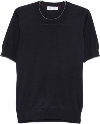 Brunello Cucinelli Homme, Pulls, Bleu, Taille: XL Maille Fine Manches Courtes et Col Rond