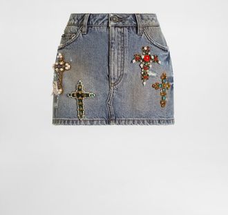Dolce & Gabbana Minirock Aus Denim Mit Stickerei - Frau Denim Mehrfarbig 38