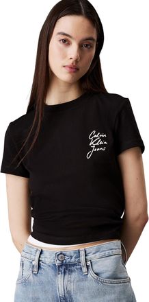 Calvin Klein Damen T-Shirts Kurzarm Script Institutional Baby Tee Rundhalsausschnitt, Schwarz (Ck Black), XS