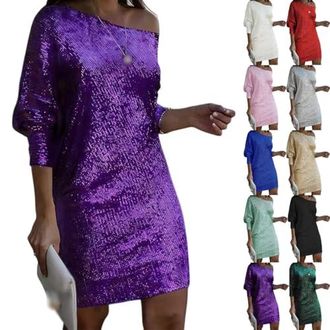 Generic Mini robe &agrave; paillettes &agrave; &eacute;paules d&eacute;nud&eacute;es pour femme, robe de cocktail et de f&ecirc;te, violet, XXL