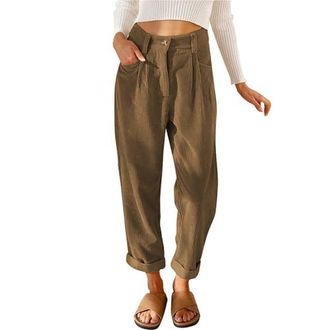Generic Pantalon vintage d&eacute;contract&eacute; en velours c&ocirc;tel&eacute; taille haute avec poches pour femme, marron, 3XL