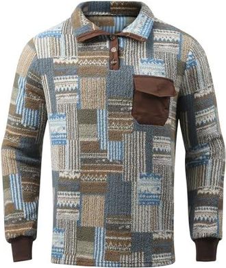 Generico Sweatshirt en polaire pour homme sans capuche, sweat avec poche, pull dhiver en polaire avec boutons, chaud vintage, pull norv&eacute;gien spongieux en sherp