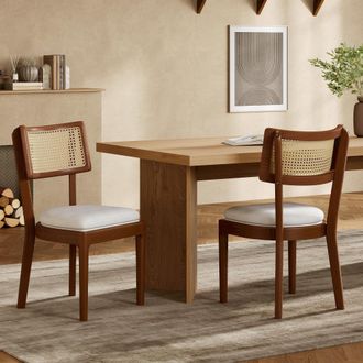 Generic 2er-Set Esszimmerst&uuml;hle aus Massivholz mit handgeflochtener Rattan-R&uuml;ckenlehne, atmungsaktivem Leinenkissen und ergonomischem Design, stabil f&uuml;r Esszi